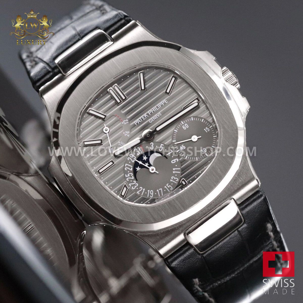 Patek Philippe Nautilus Moonphase 40mm White Steel Grey Dial Complete ...