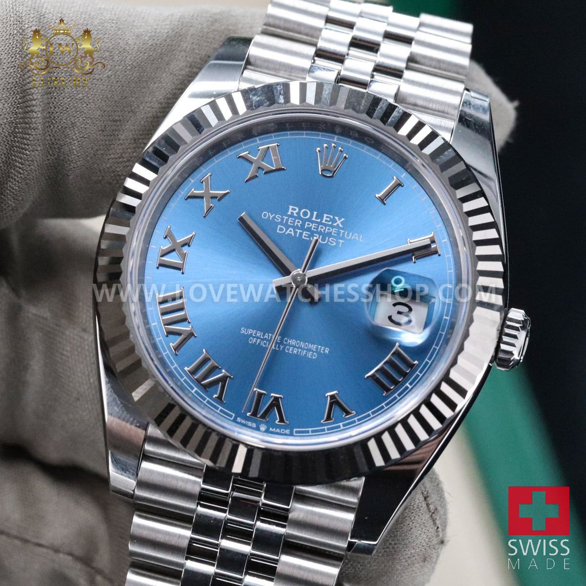 Rolex Datejust 41 Azzurro Blue Roman Dial Fluted Jubilee 126334 Oyster ...